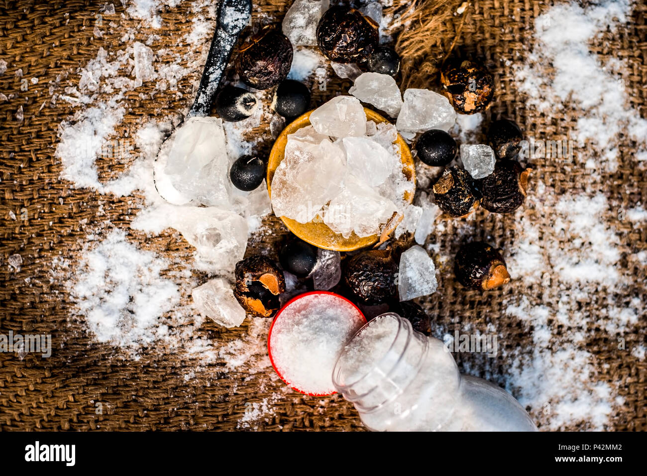 Close up of crystallized alum,Potassium alum and its powder with soap ...