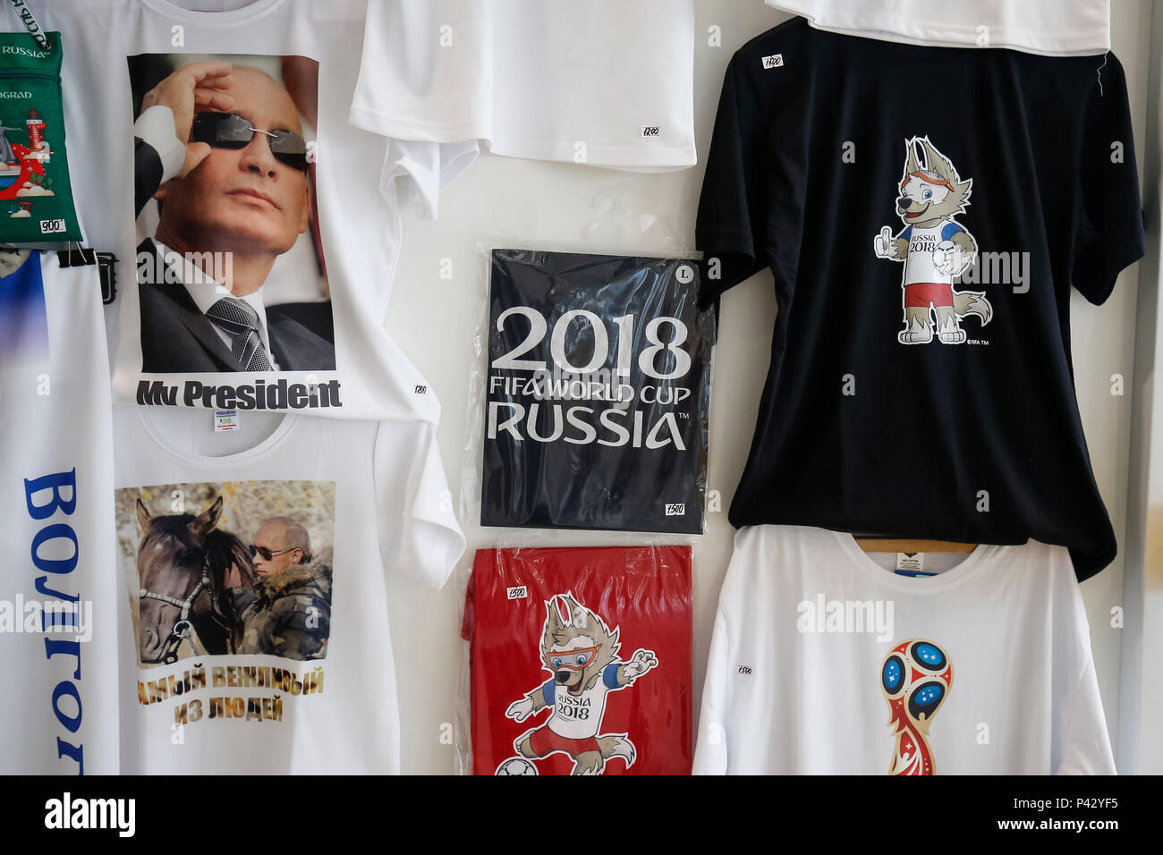 Volgograd, Russia. 20th June, 2018. Putin merchandise is seen next to ...