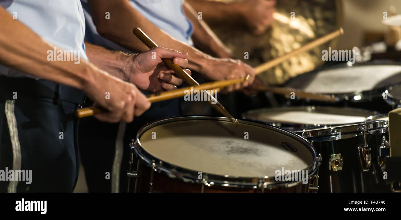 The Ceremonial Brass percussion section perform during the band's first ...