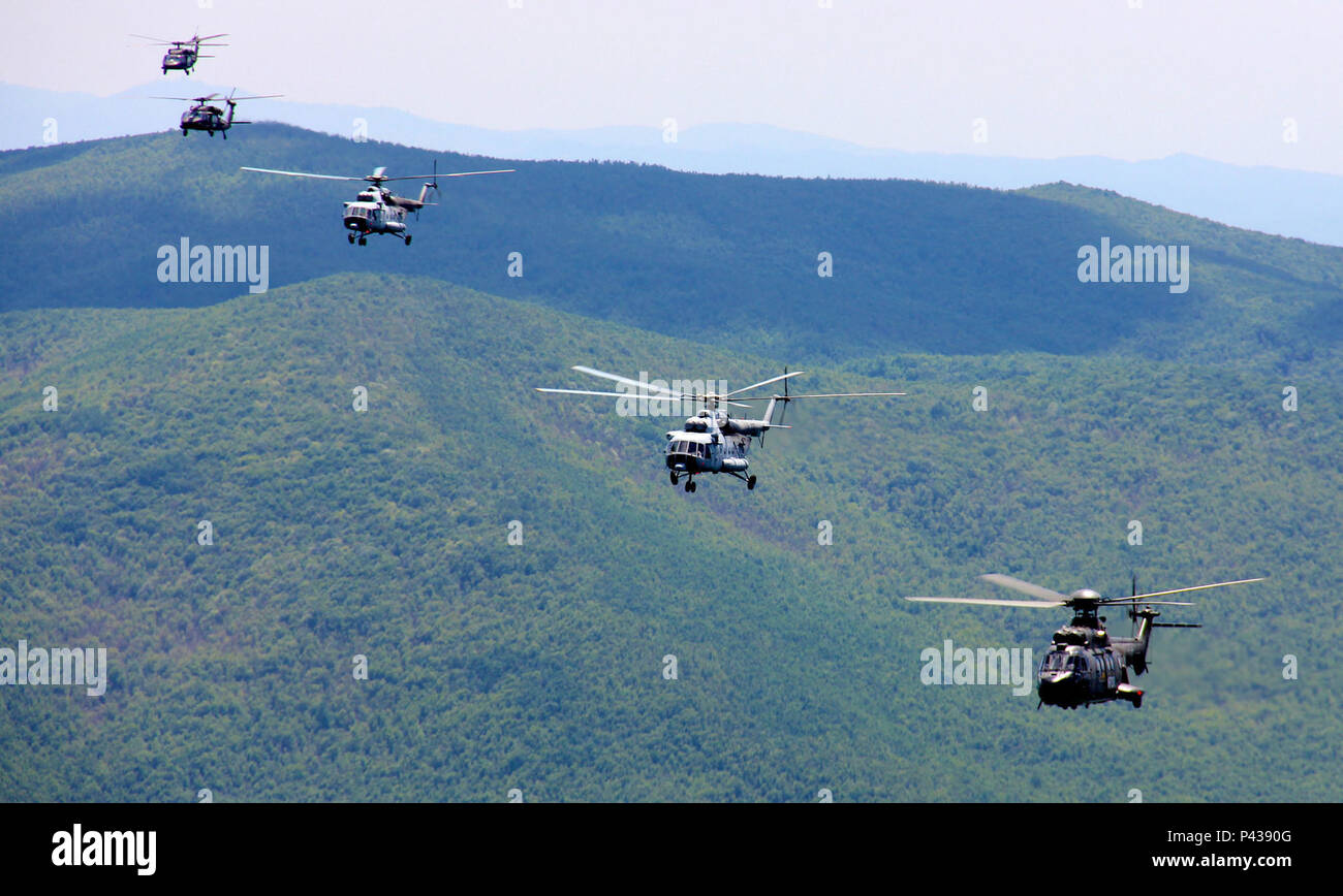A multinational multi-ship formation of rotary wing helicopters fly ...