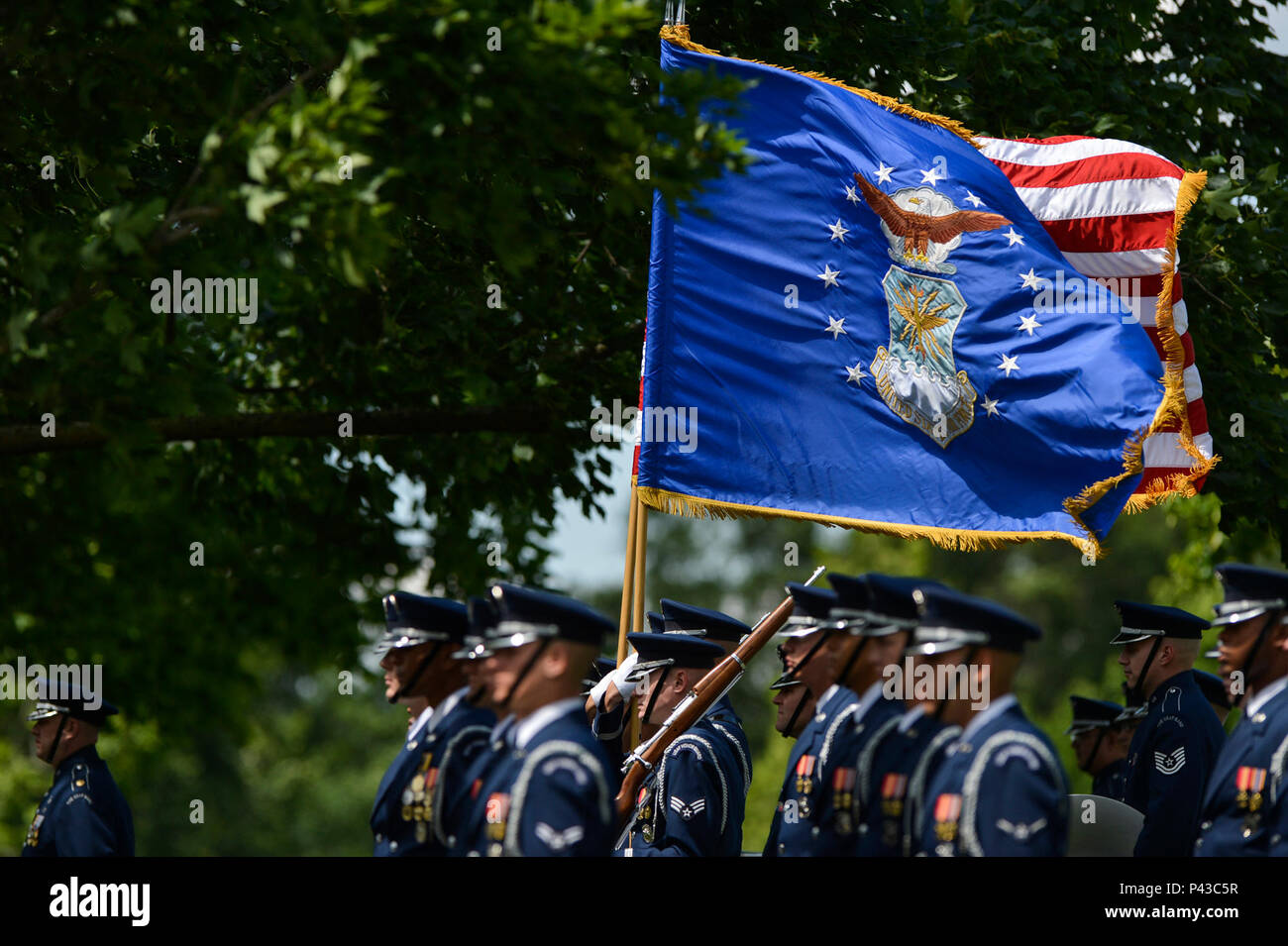 Members of the U. S. Air Force Honor Guard stand at attention during ...