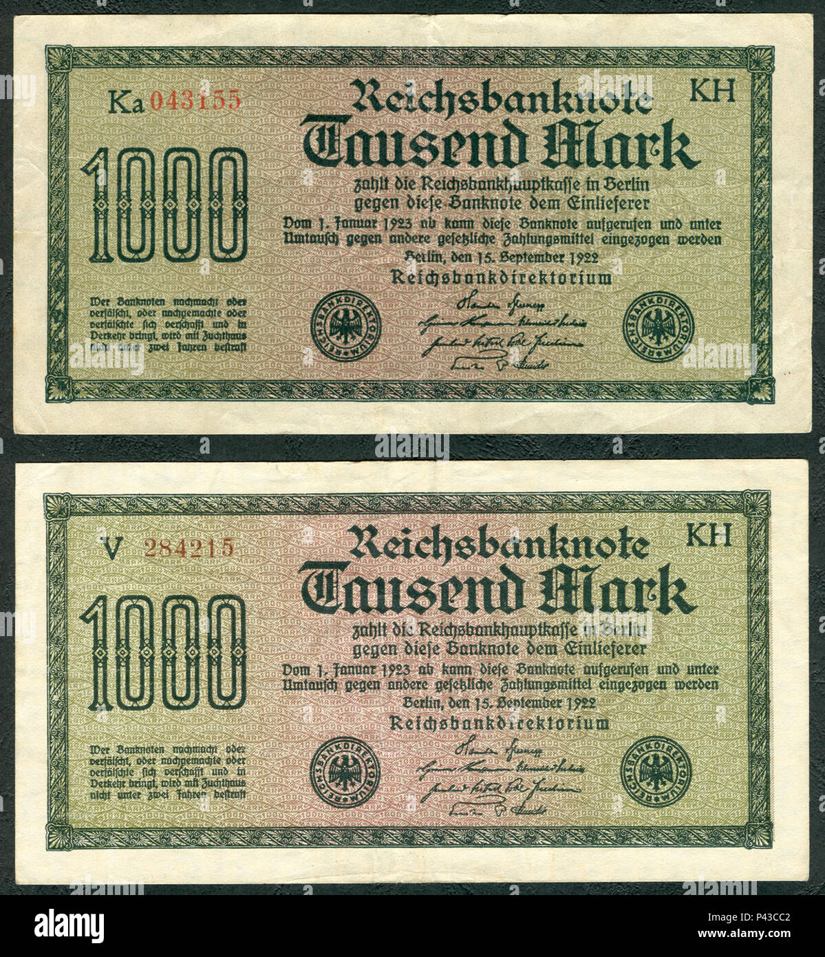 1000 Mark Reichsbanknote 1922 2 Versionen gedruckt von J. C. König ...