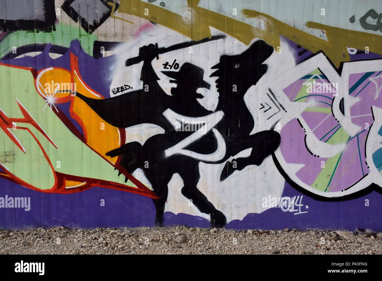 Graffiti with rider with sword on 02.04.2018 on bridge pier in Schwerte ...