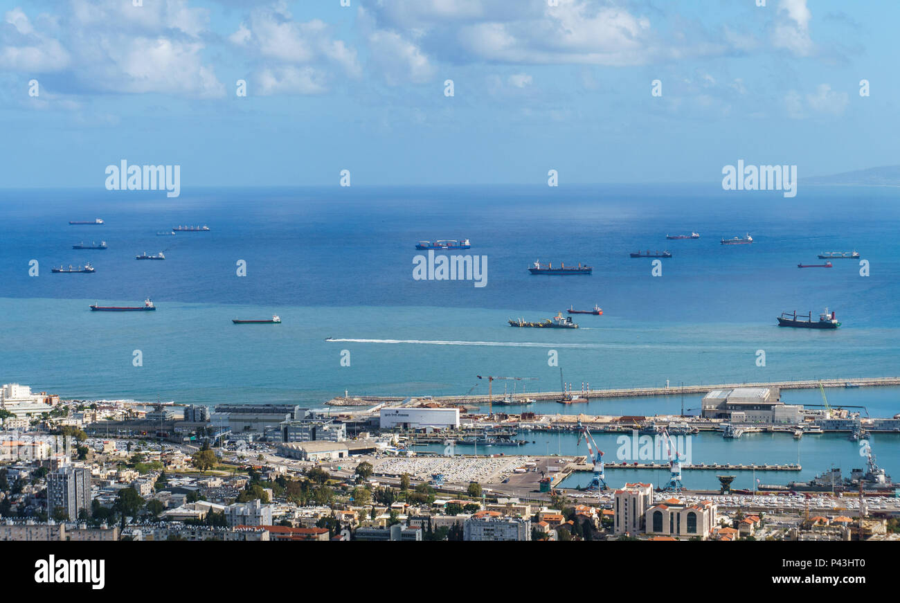 View from the top to city of Haifa in Israel and harbor at spring time ...
