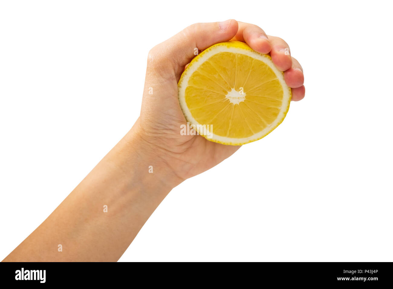 Female hand squeezing half of lemon on white background, Healthy eating ...