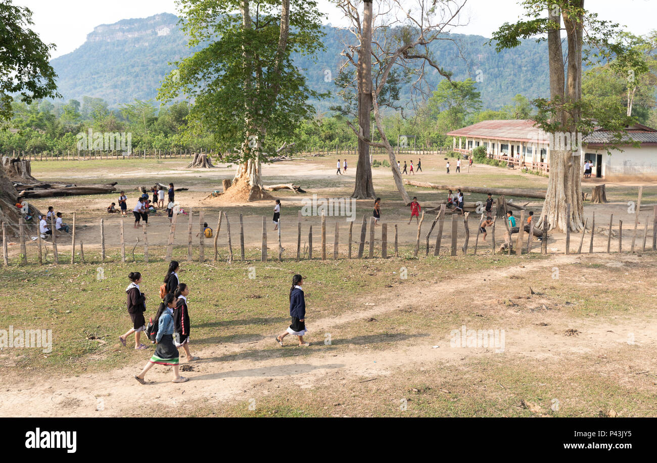 Children walking to school from rural village, Nong Ping, Laos Stock ...