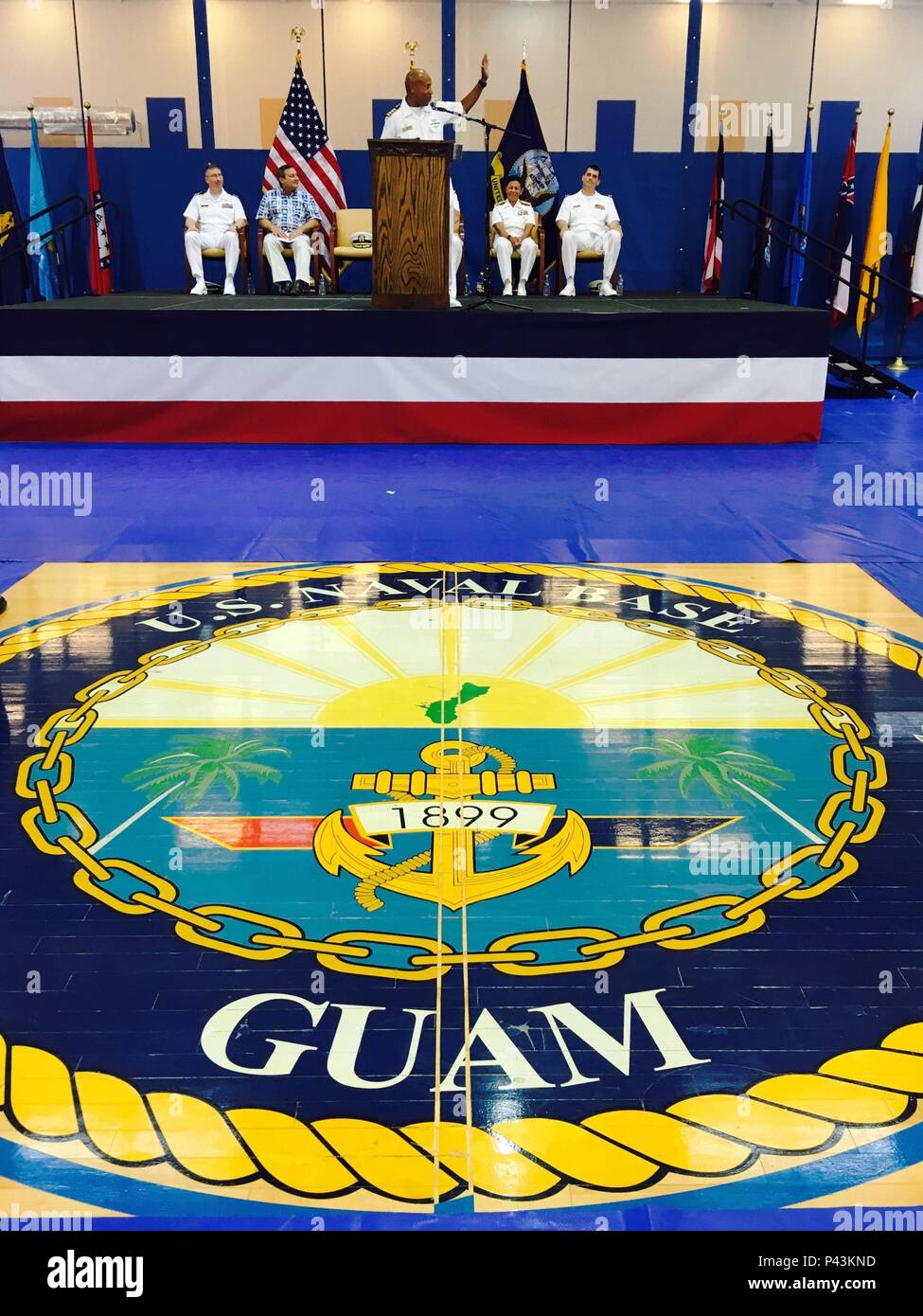 Naval Base Guam commander, Capt. Andy Anderson, delivers an emotional ...