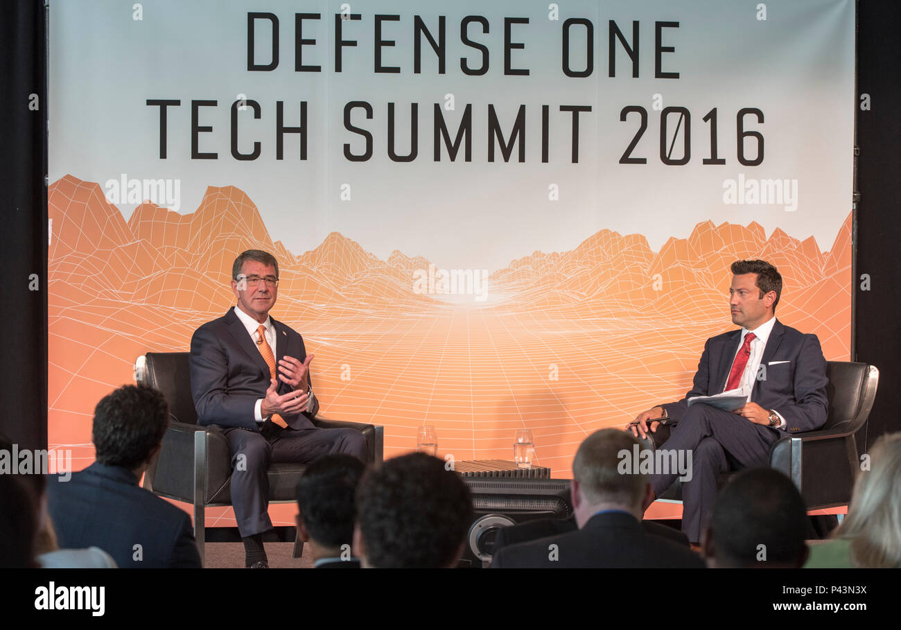 Secretary of Defense Ash Carter speaks with Kevin Baron, executive ...