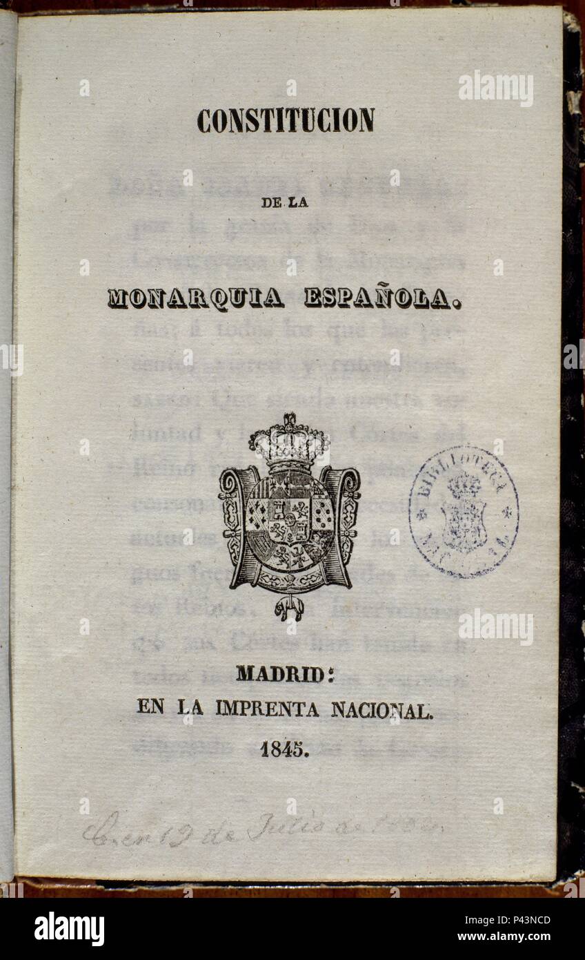 PRIMERA PAG CONSTITUCION MONARQUIA ESPANOLA 1845. Location: BIBLIOTECA ...