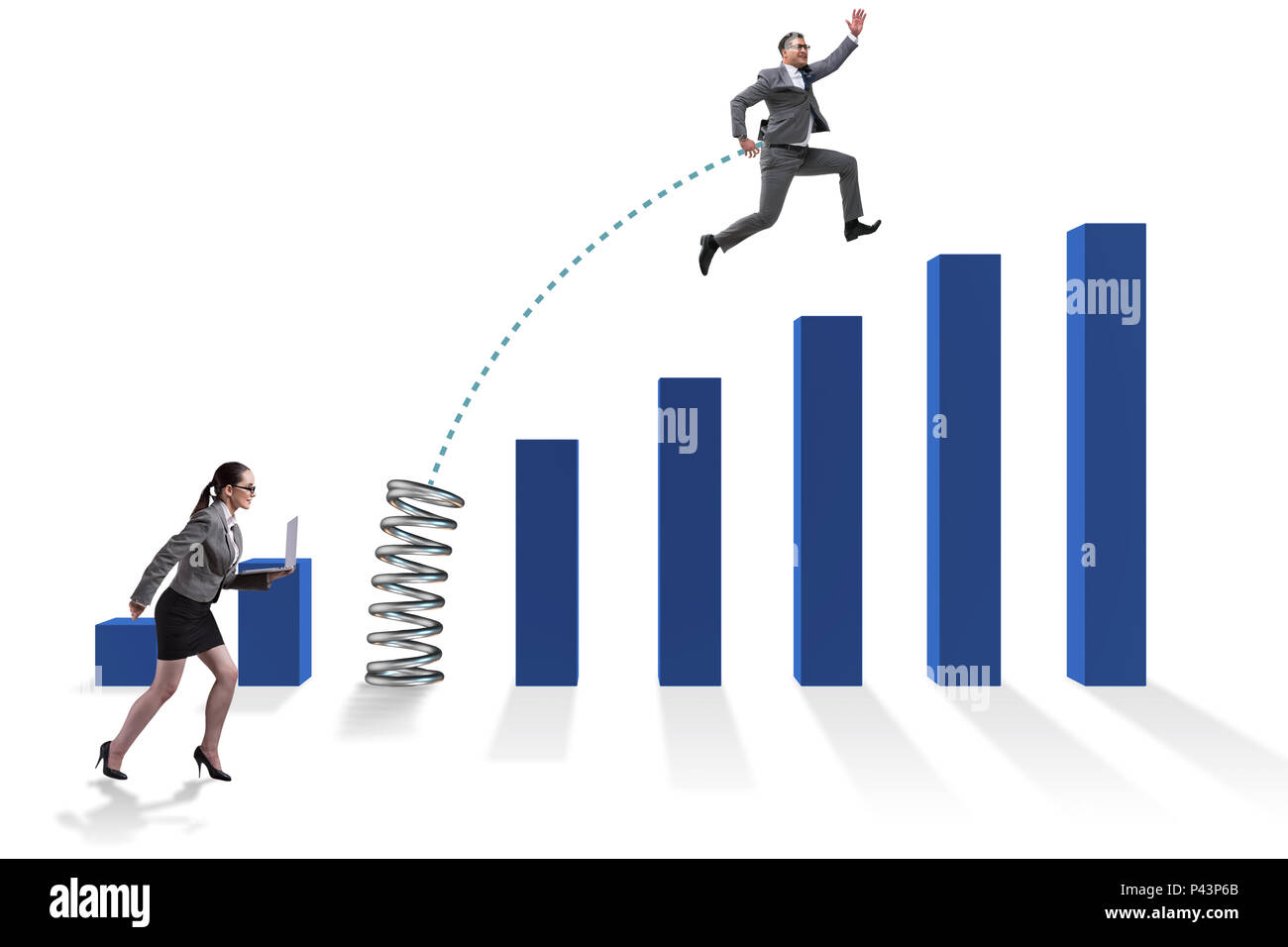 Business people jumping over bar charts Stock Photo - Alamy
