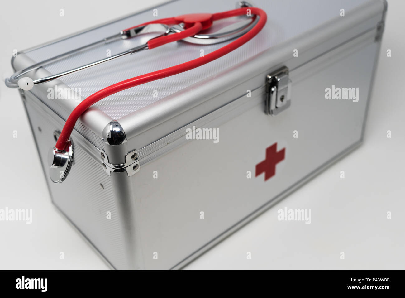 Anodised Aluminium First Aid Box with Stethoscope Stock Photo - Alamy