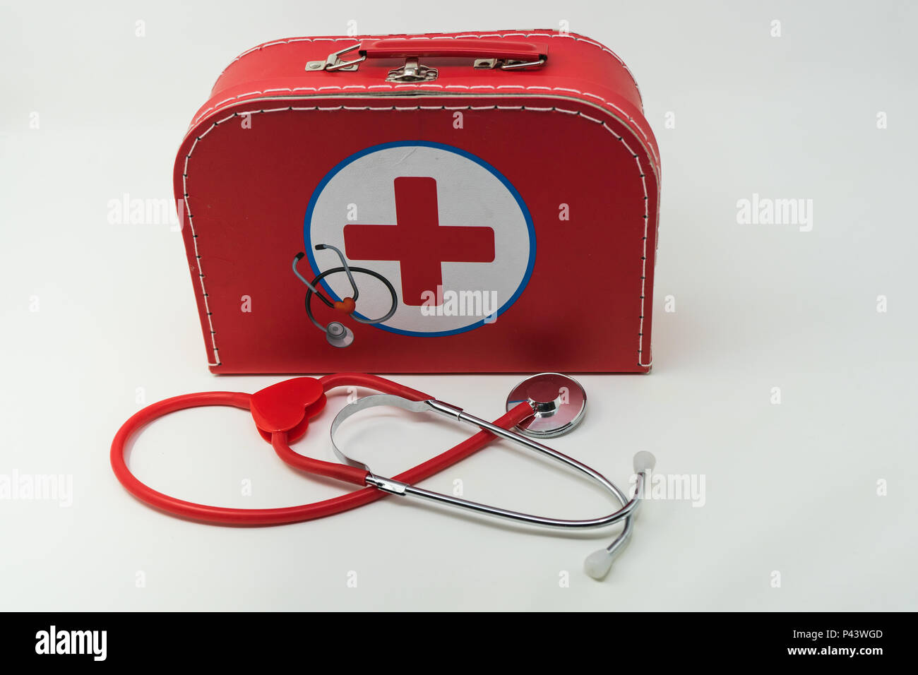 Red First Aid Box with Stethoscope Stock Photo - Alamy