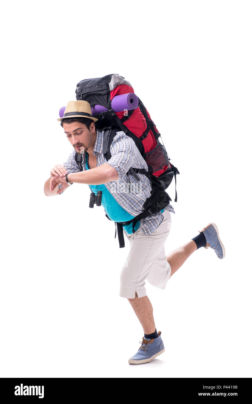 Backpacker with large backpack isolated on white Stock Photo - Alamy