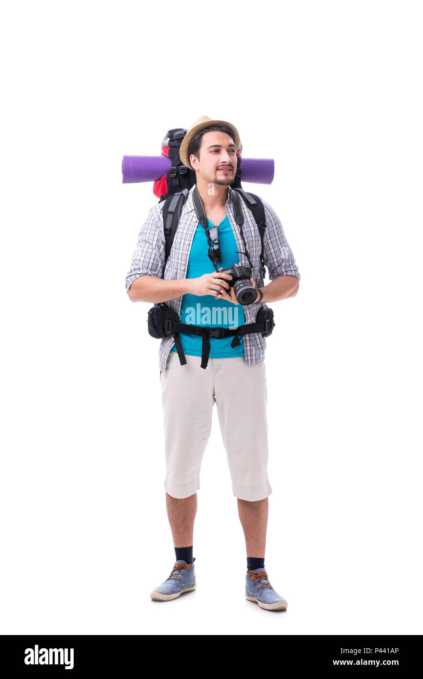 Backpacker with camera isolated on white background Stock Photo - Alamy