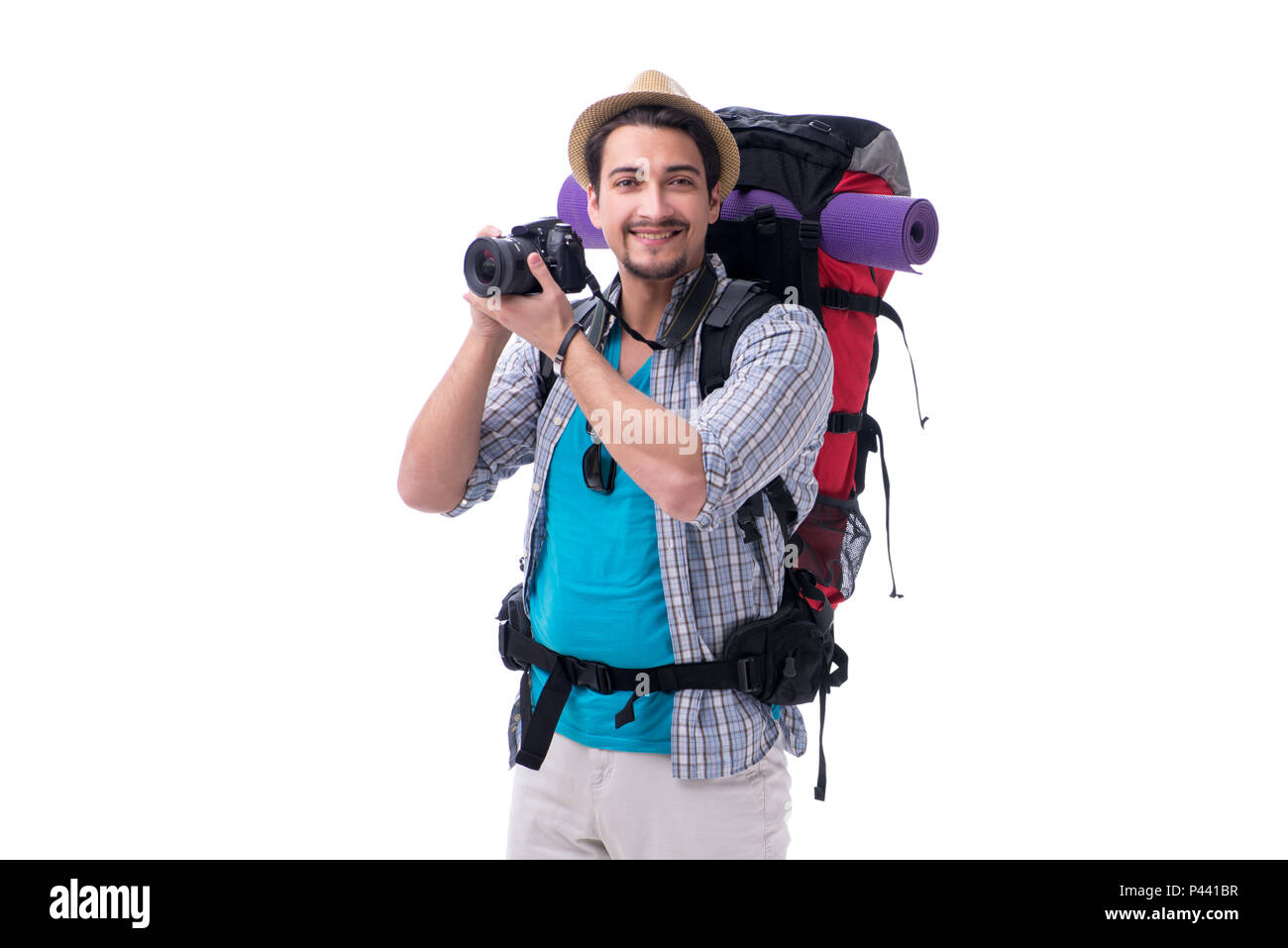 Backpacker with camera isolated on white background Stock Photo - Alamy