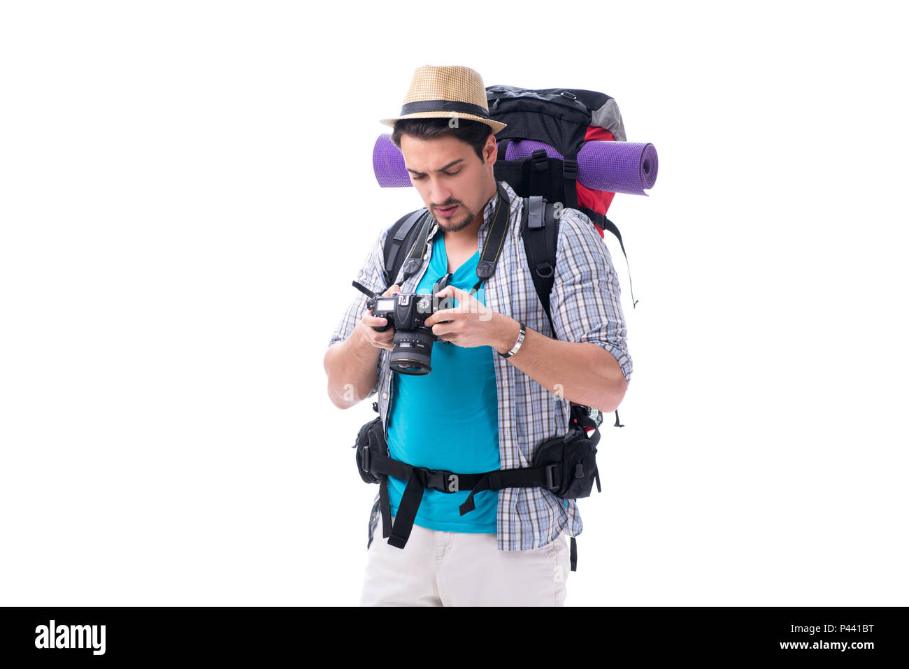 Backpacker with camera isolated on white background Stock Photo - Alamy