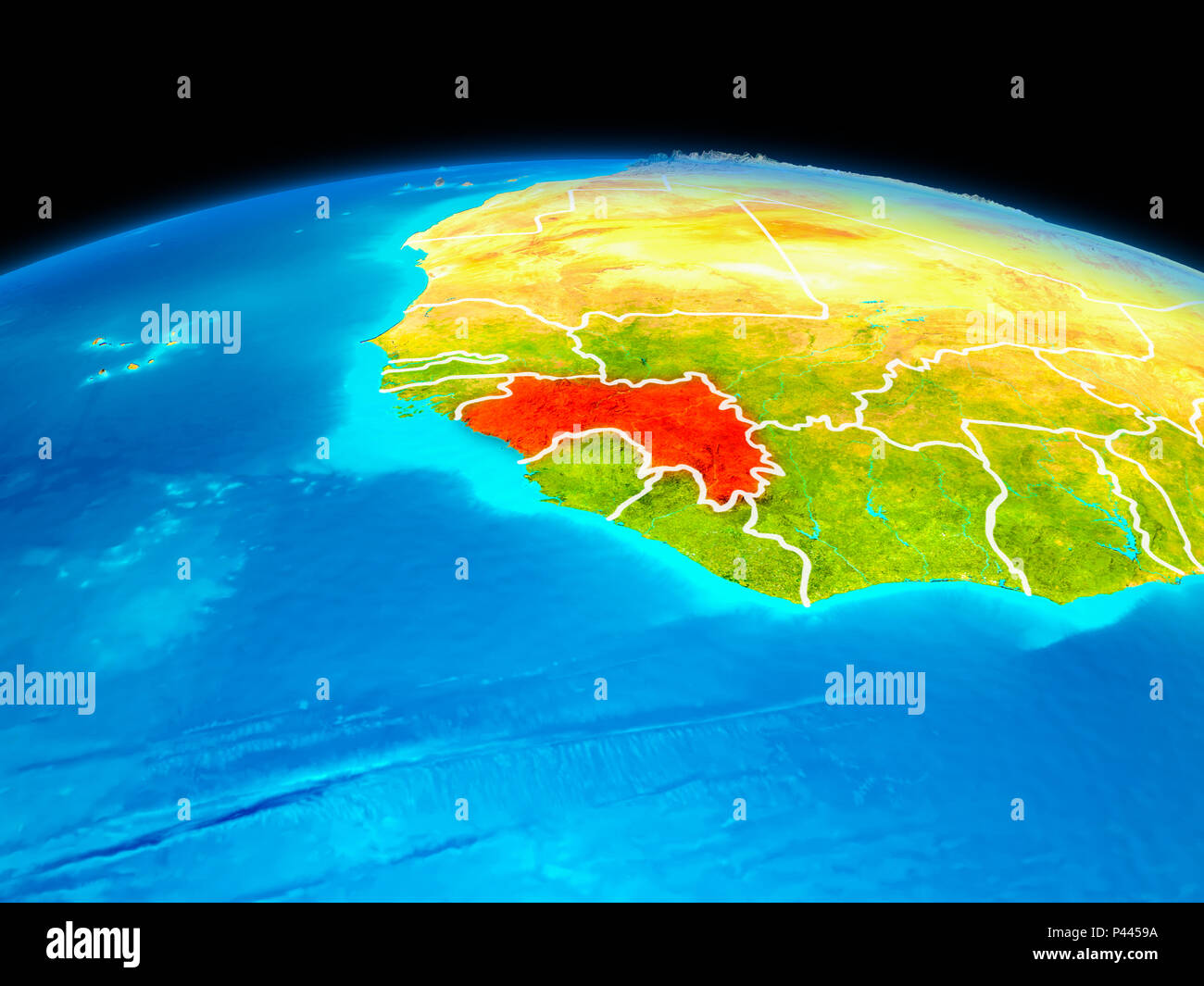 Satellite view of Guinea highlighted in red on planet Earth with ...