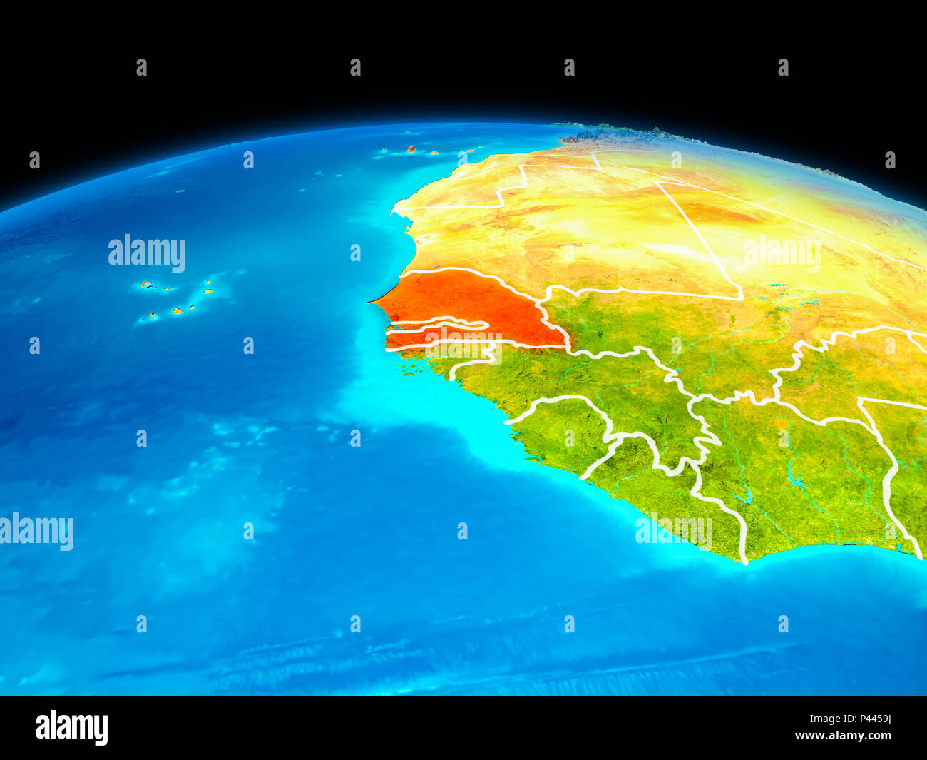 Satellite view of Senegal highlighted in red on planet Earth with ...