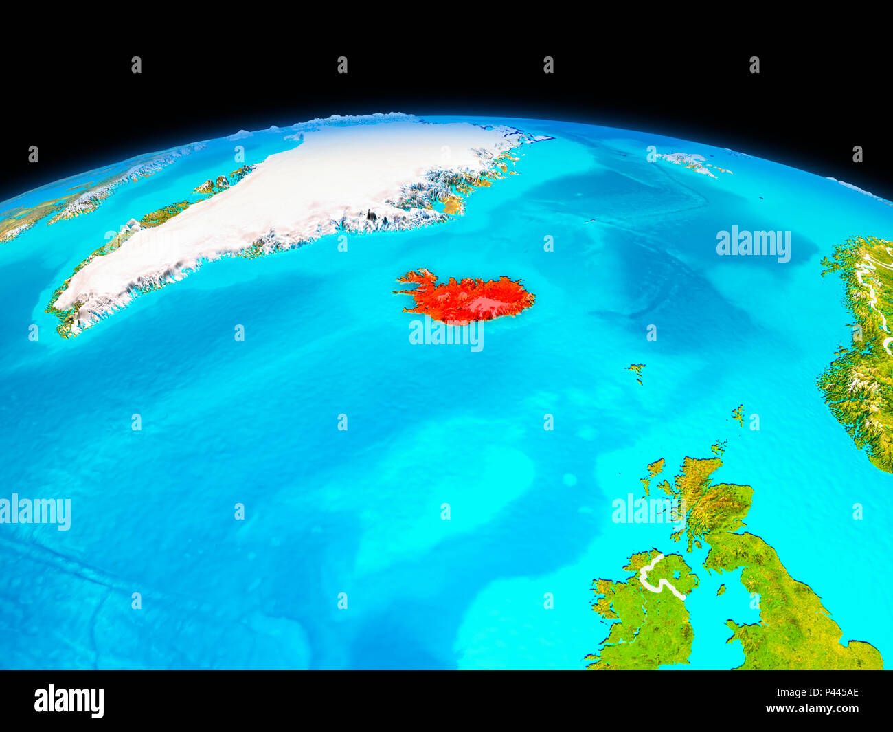 Satellite view of Iceland highlighted in red on planet Earth with ...