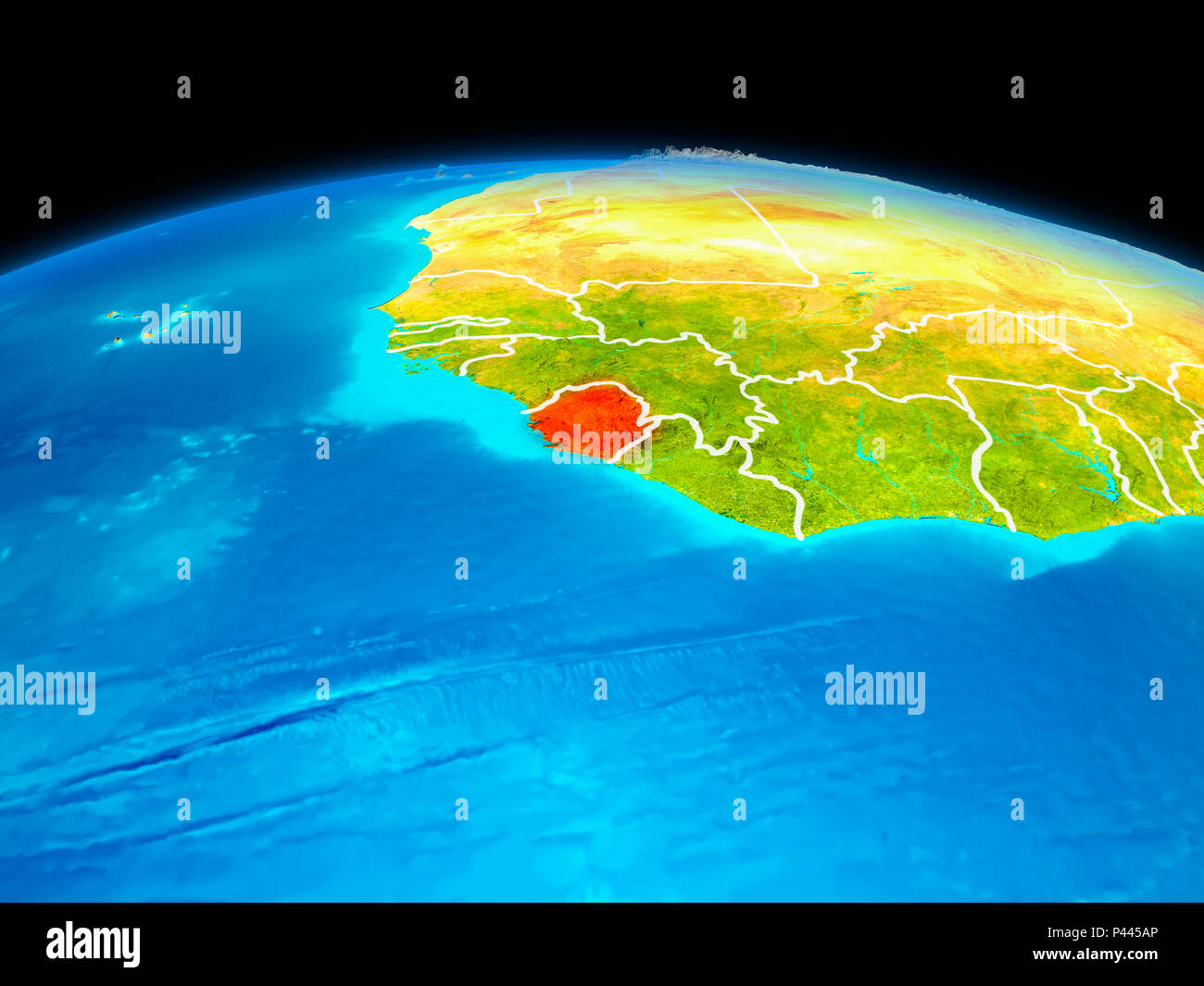 Satellite view of Sierra Leone highlighted in red on planet Earth with borderlines. 3D ...