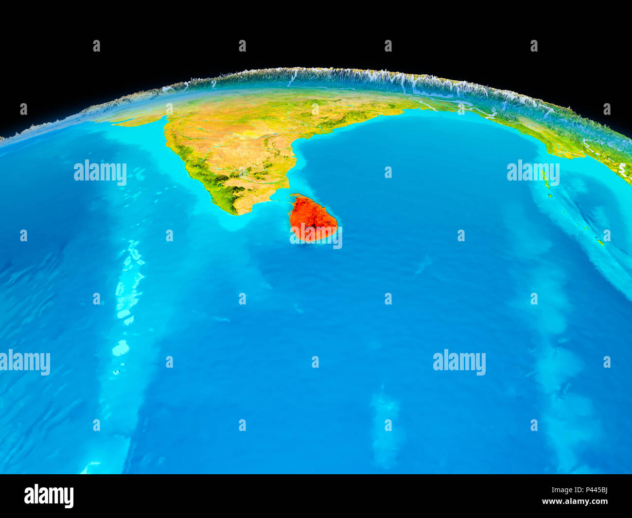 Satellite view of Sri Lanka highlighted in red on planet Earth with borderlines. 3D illustration ...