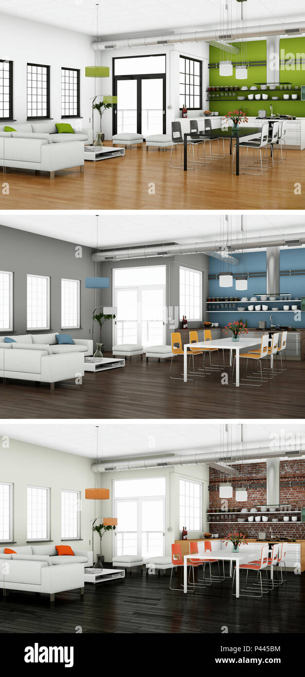 3d Illustration of three color variations of a modern loft interior ...