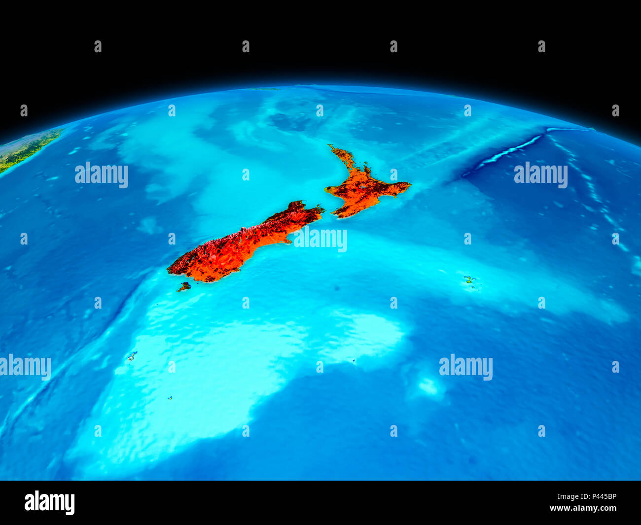 Satellite view of New Zealand highlighted in red on planet Earth with ...