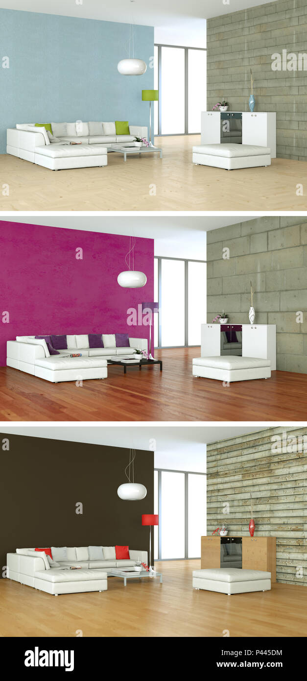3d Illustration of three color variations of a modern loft interior ...