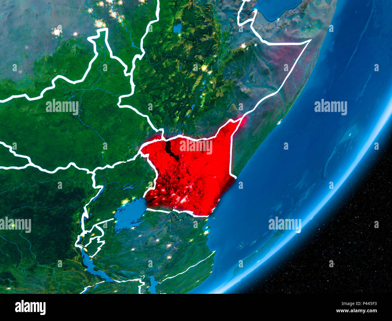Kenya in red on planet Earth at night with visible borderlines and city ...