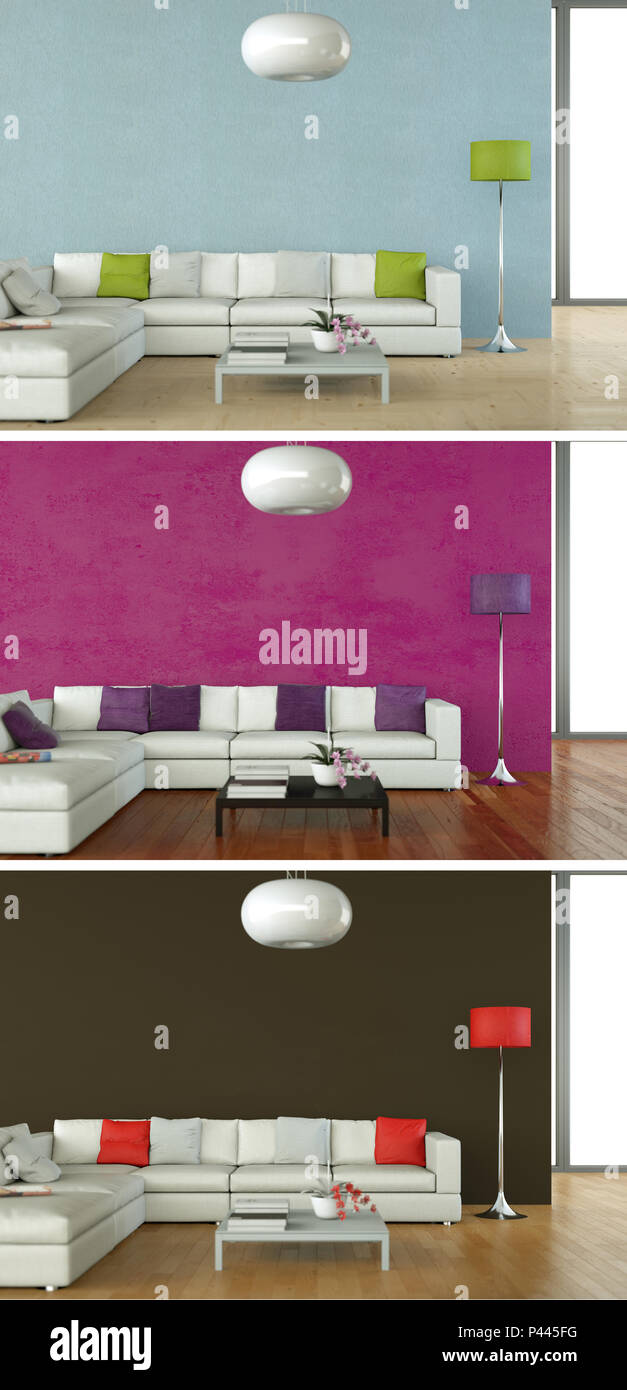 3d Illustration of three color variations of a modern loft interior ...