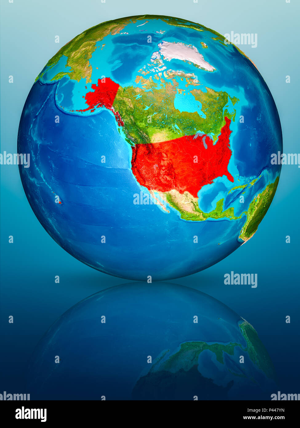 USA in red on model of planet Earth on reflective blue surface. 3D illustration. Elements of ...