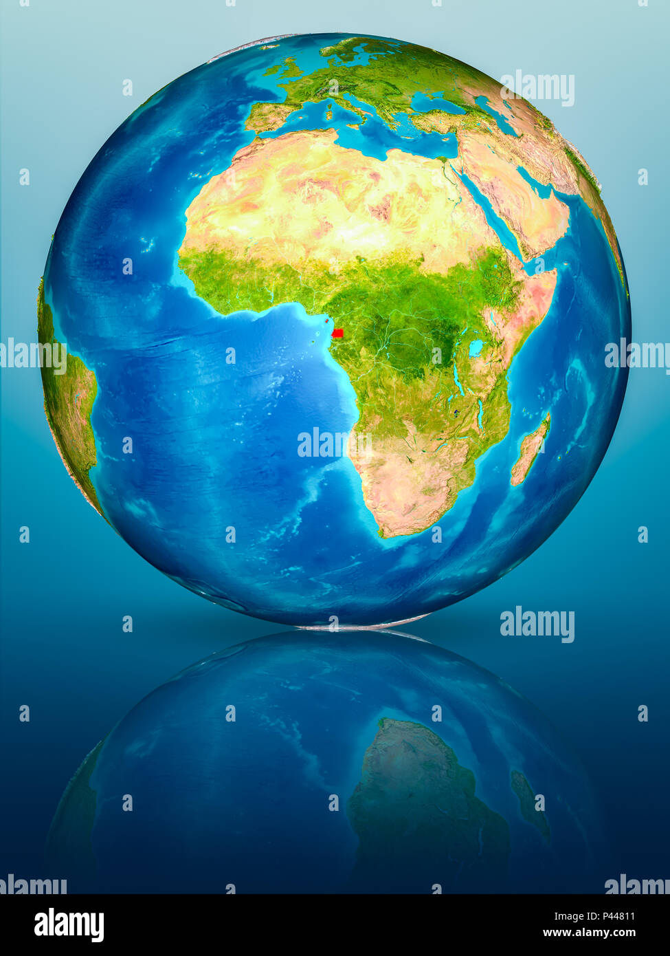 Equatorial Guinea in red on model of planet Earth on reflective blue ...