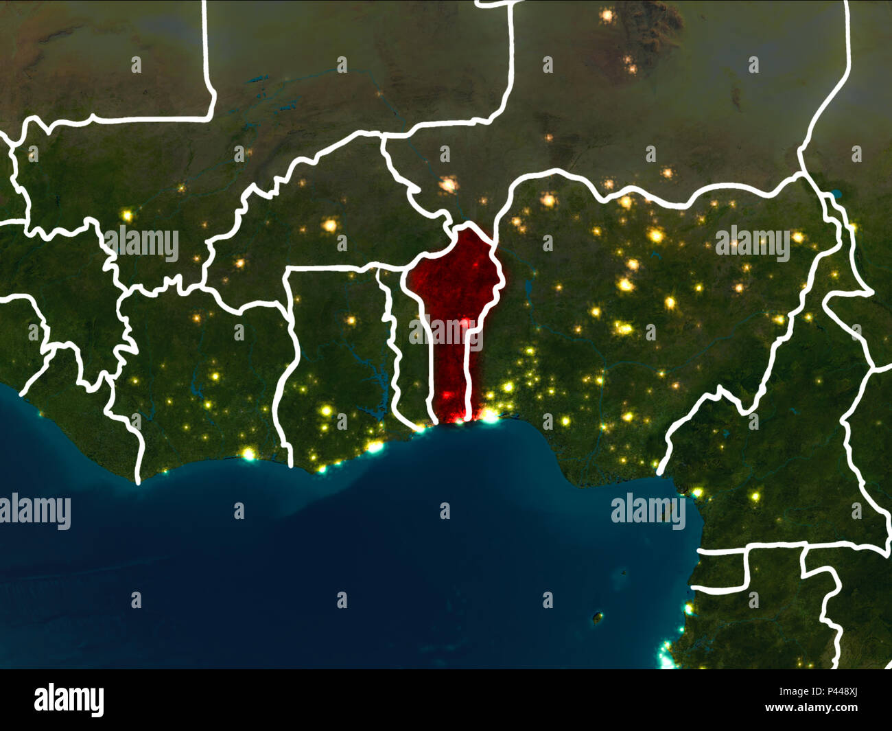 Benin highlighted in red from Earth’s orbit at night with visible ...