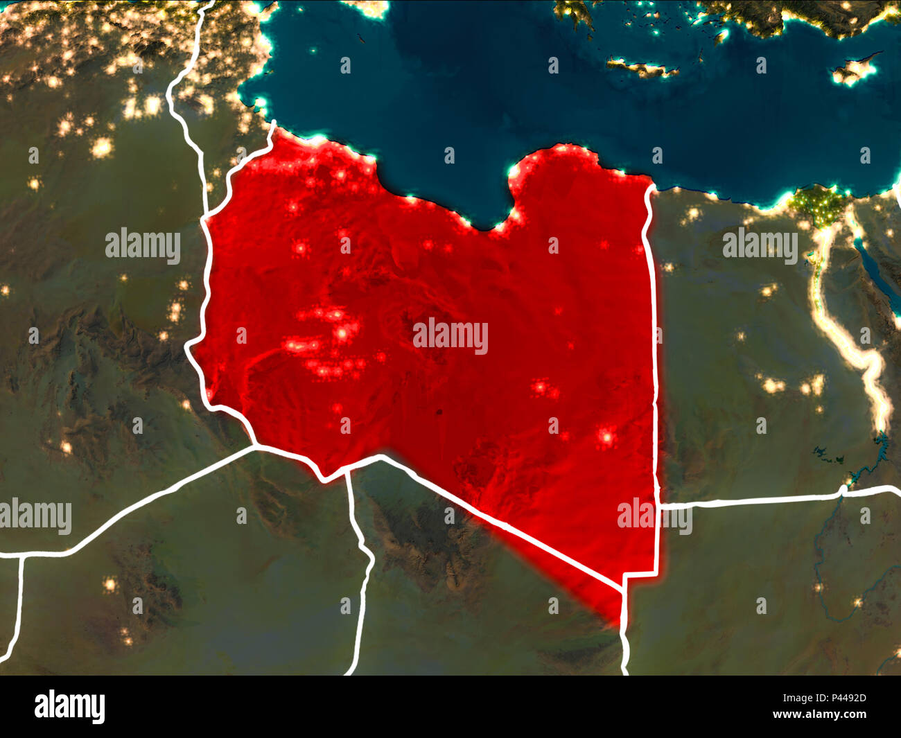 Libya highlighted in red from Earth’s orbit at night with visible country borders. 3D ...