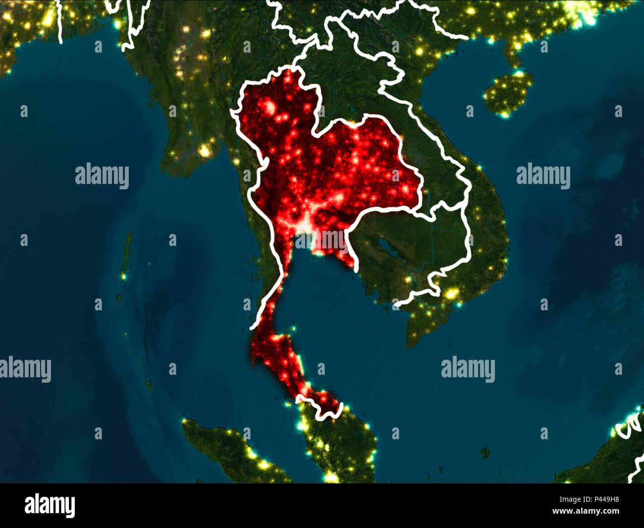 Thailand highlighted in red from Earth’s orbit at night with visible ...