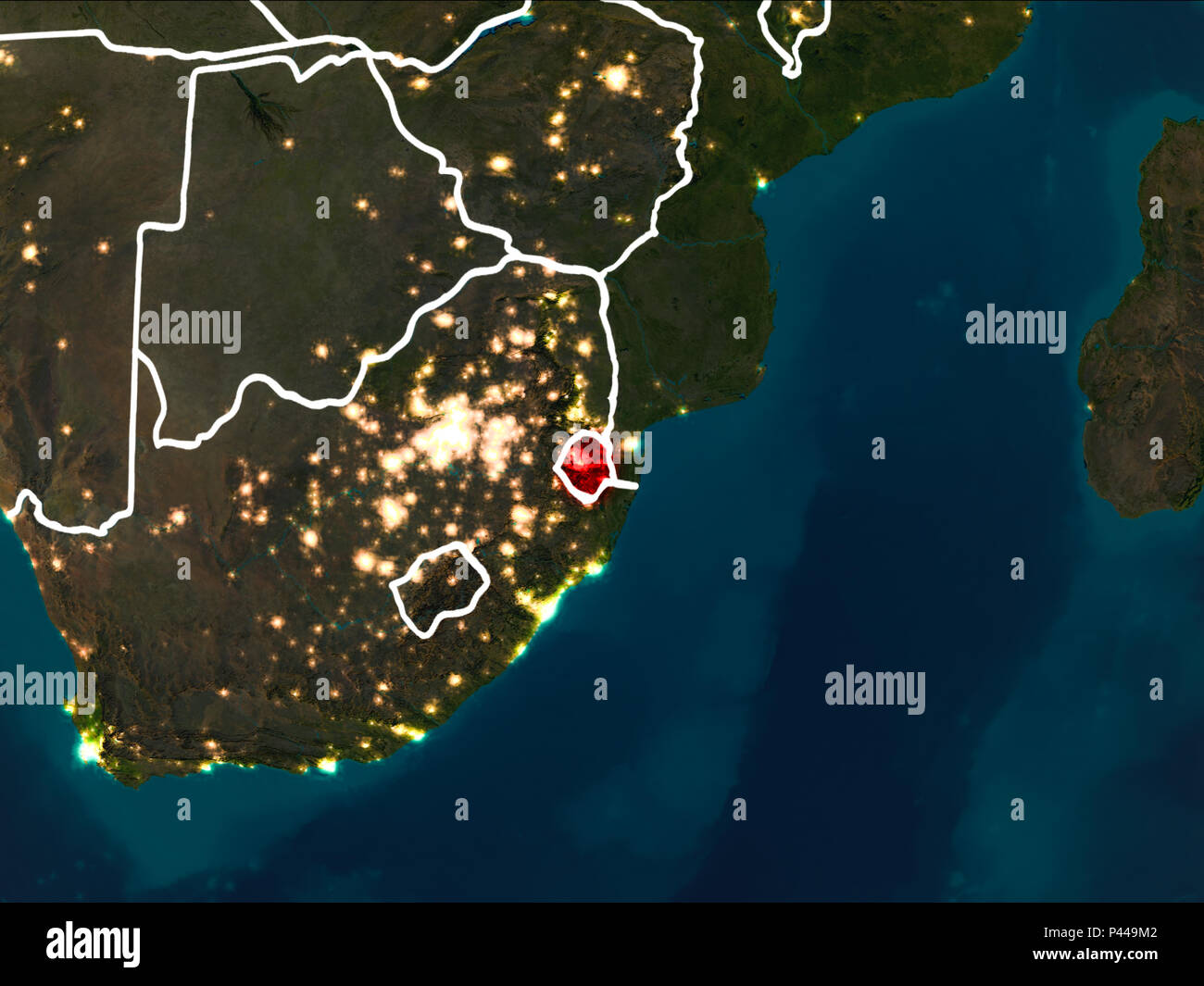 Swaziland highlighted in red from Earth’s orbit at night with visible country borders. 3D ...