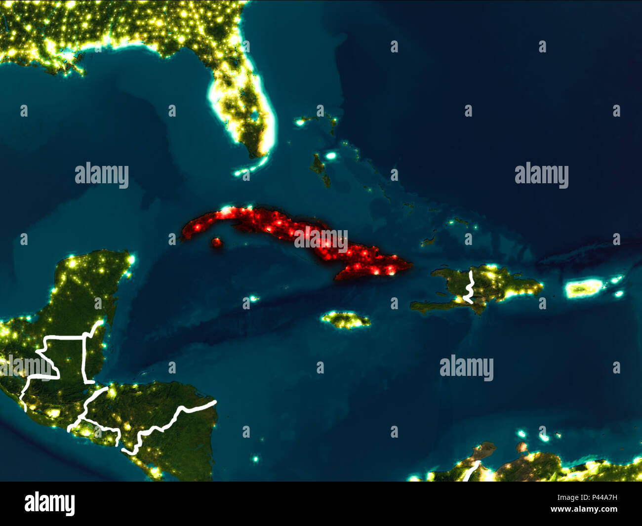 Cuba highlighted in red from Earth’s orbit at night with visible ...