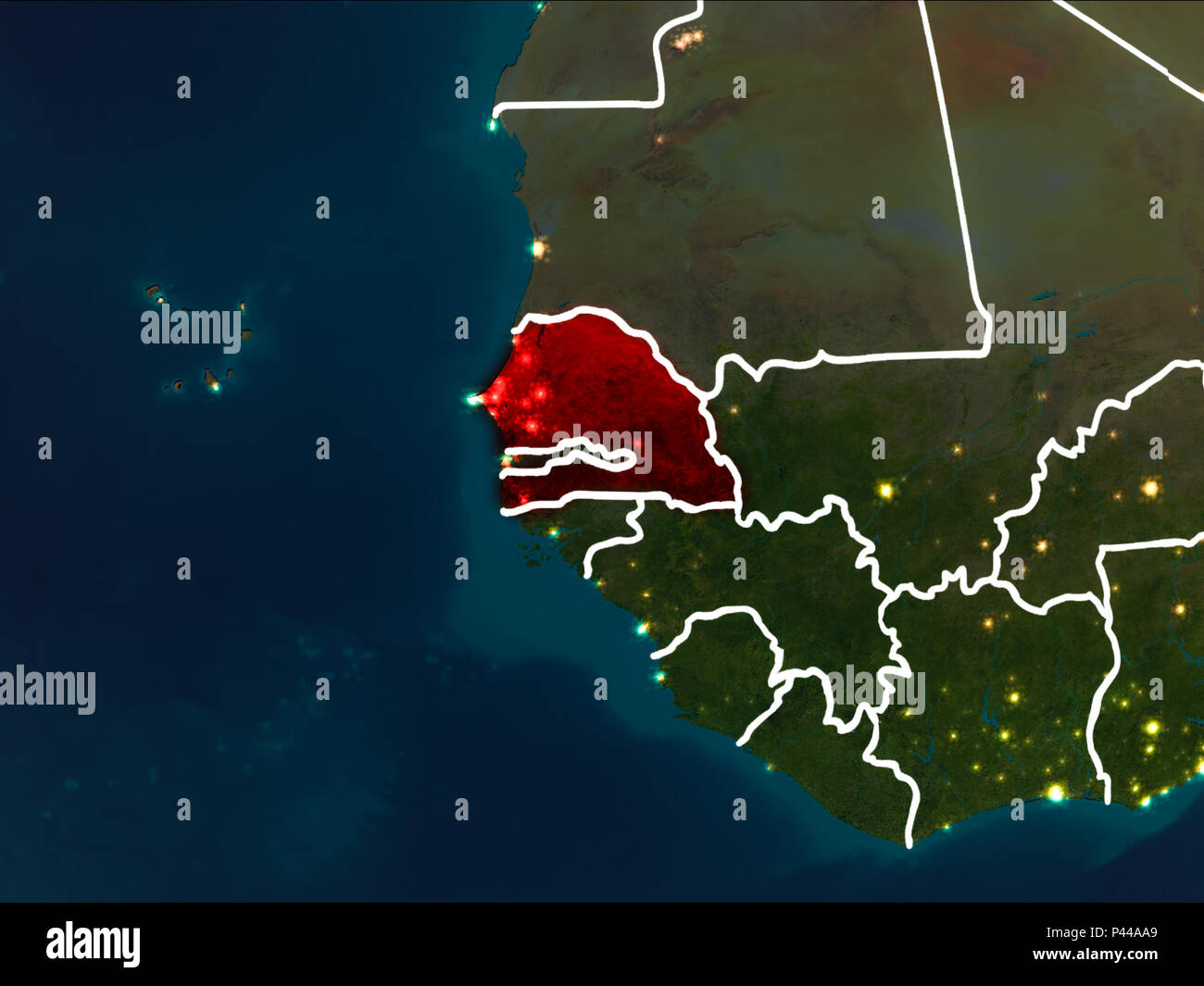Senegal highlighted in red from Earth’s orbit at night with visible ...