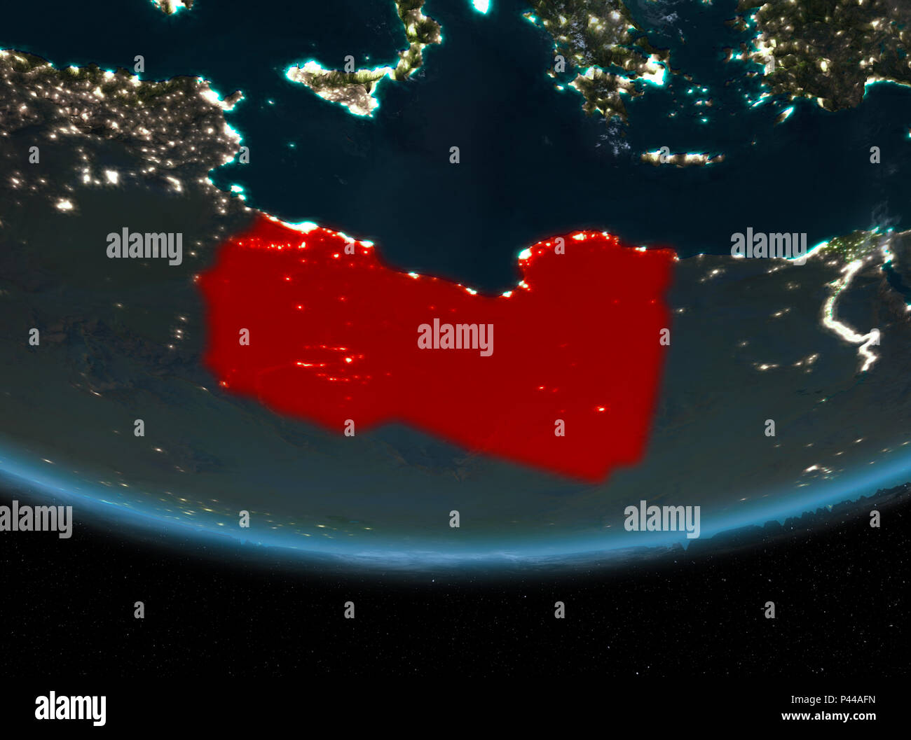 Libya at night highlighted in red on planet Earth with clouds. 3D ...
