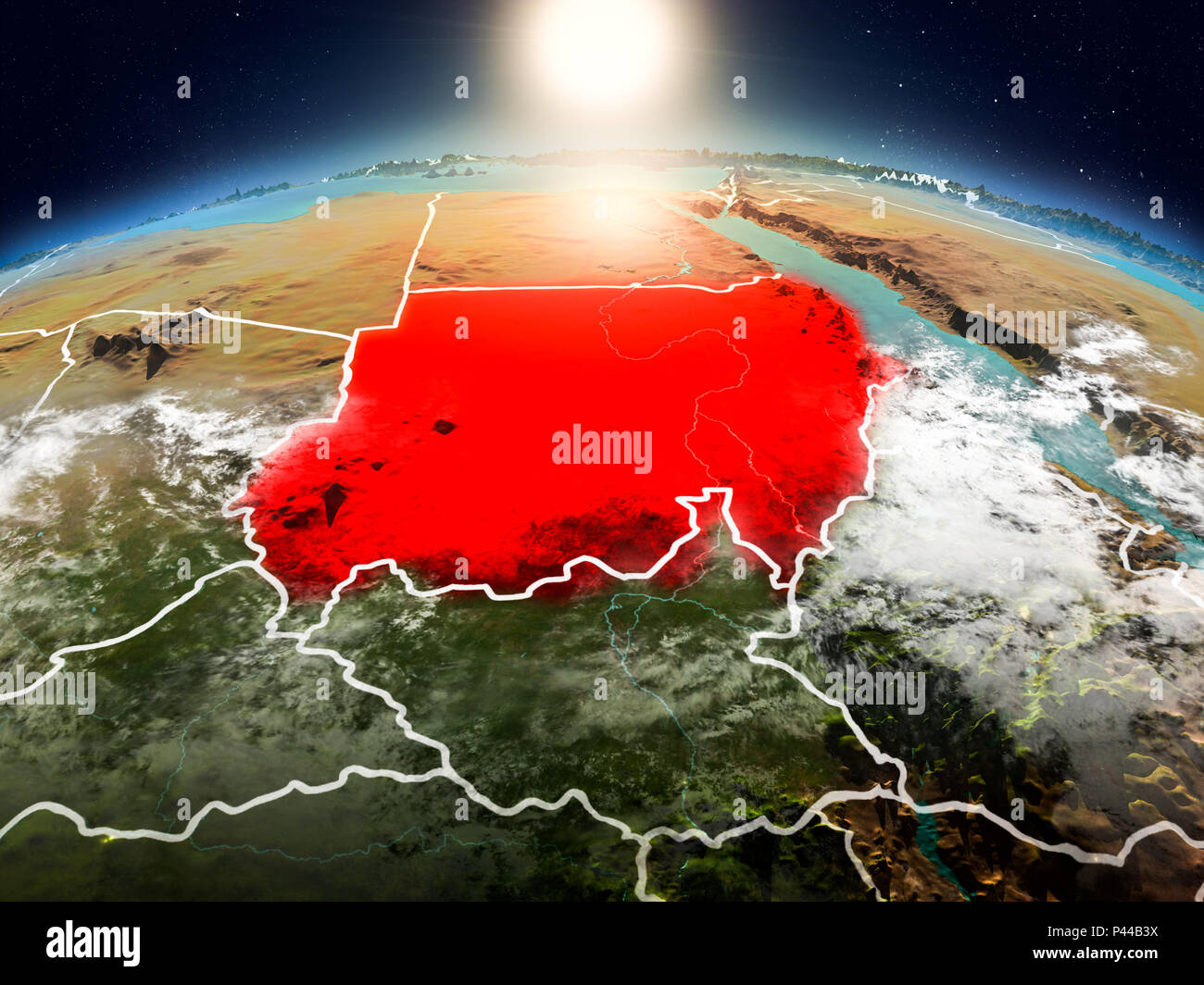 Sunrise above Sudan highlighted in red on model of planet Earth in space with visible country ...