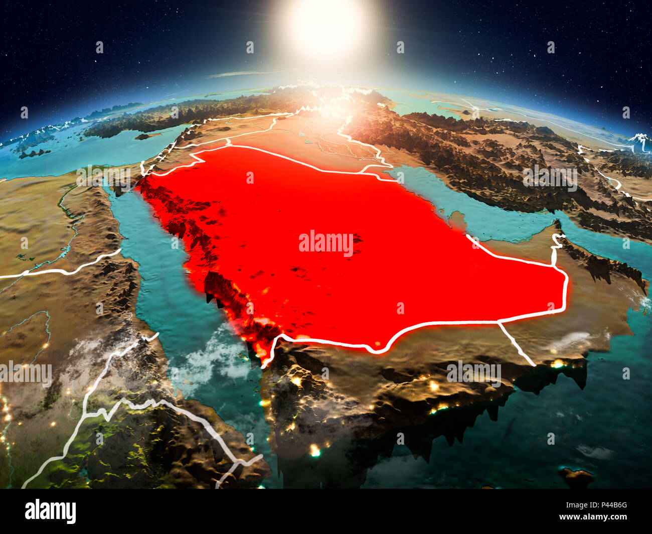 Sunrise above Saudi Arabia highlighted in red on model of planet Earth in space with visible ...