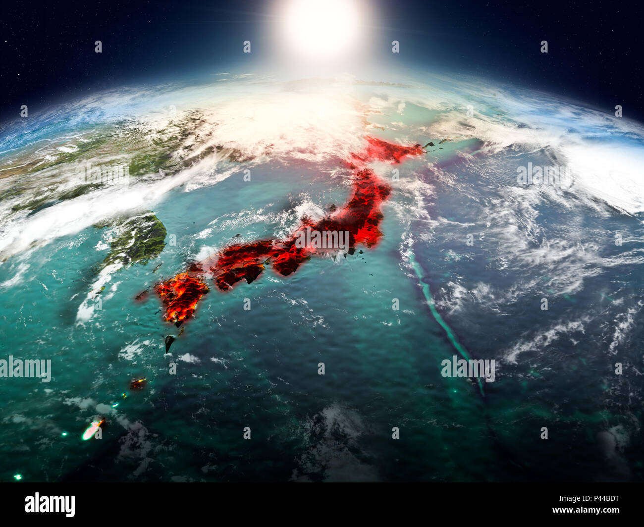 Sunrise above Japan highlighted in red on model of planet Earth in ...