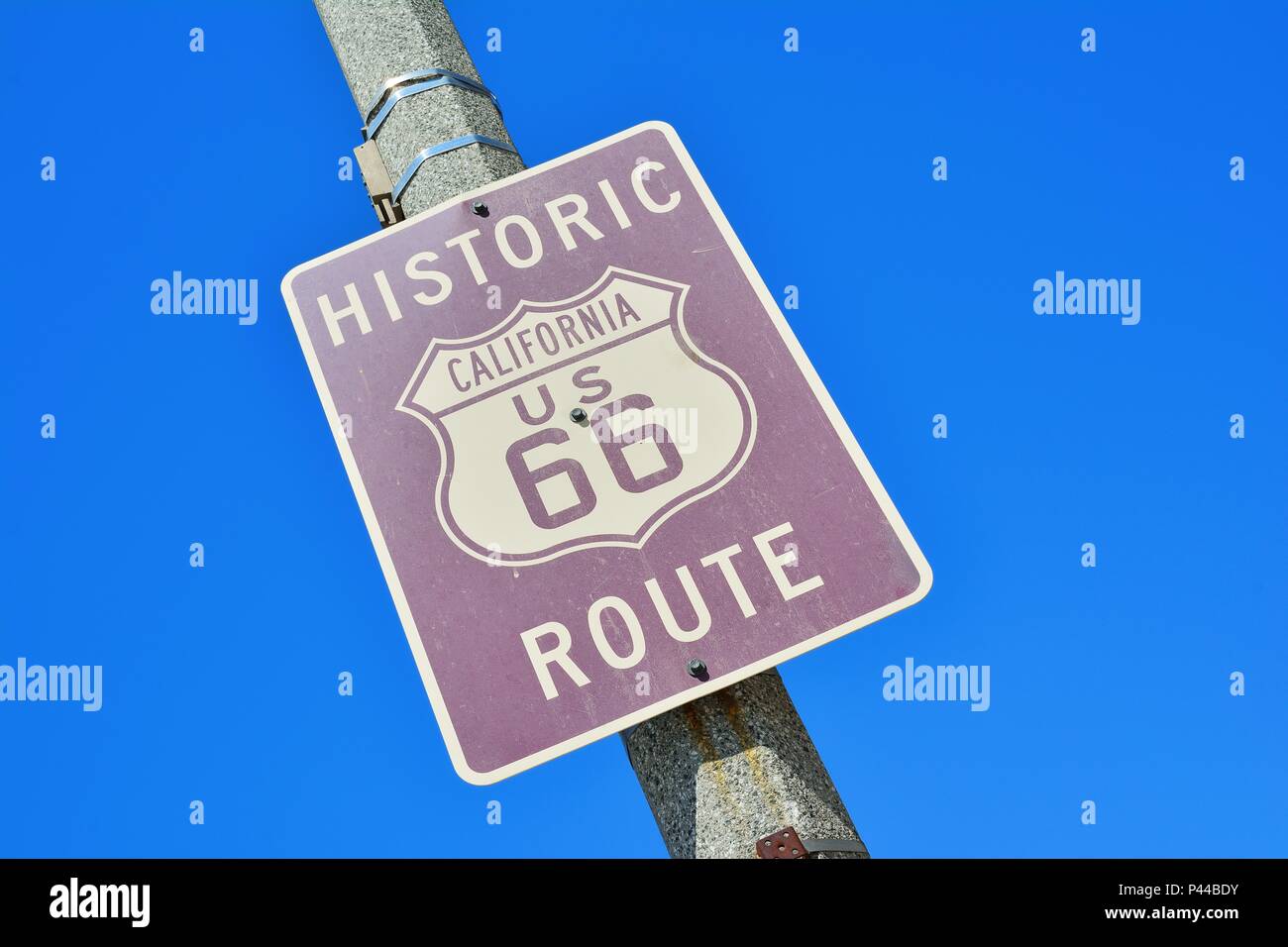 Historic California Route 66 road sign on a blue sky Stock Photo - Alamy