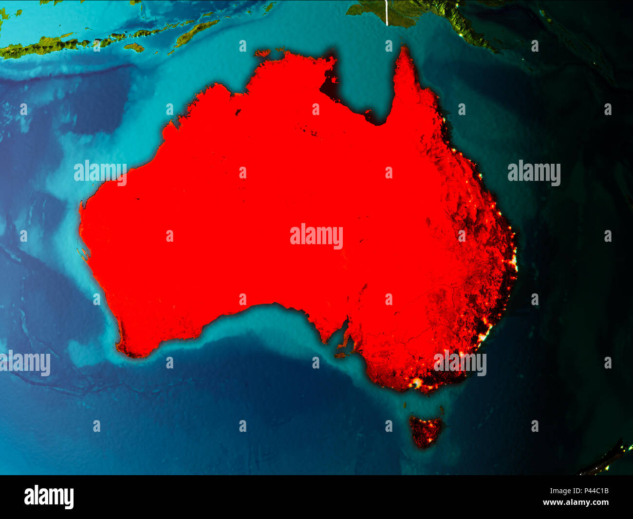 Australia in the morning highlighted in red on planet Earth with ...