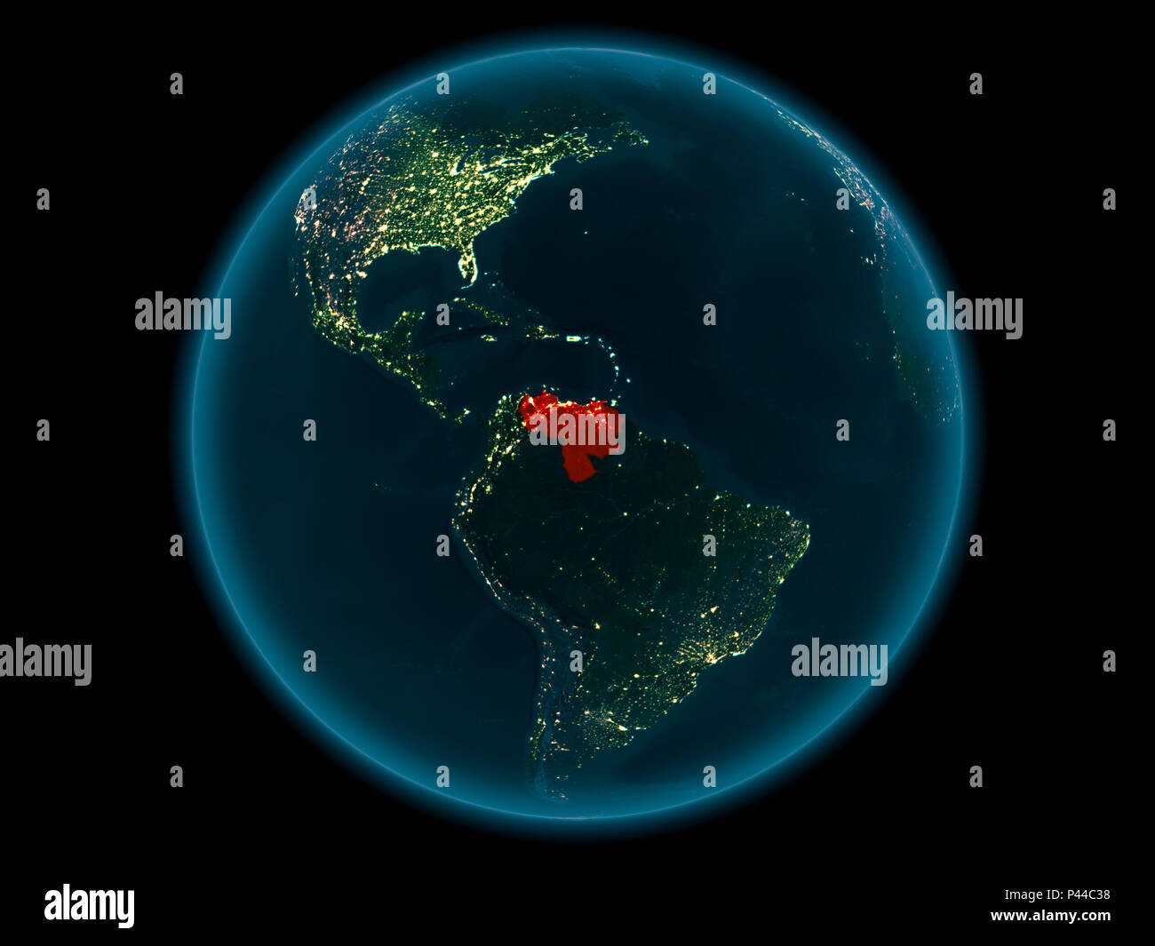 Night above Venezuela highlighted in red on model of planet Earth in ...
