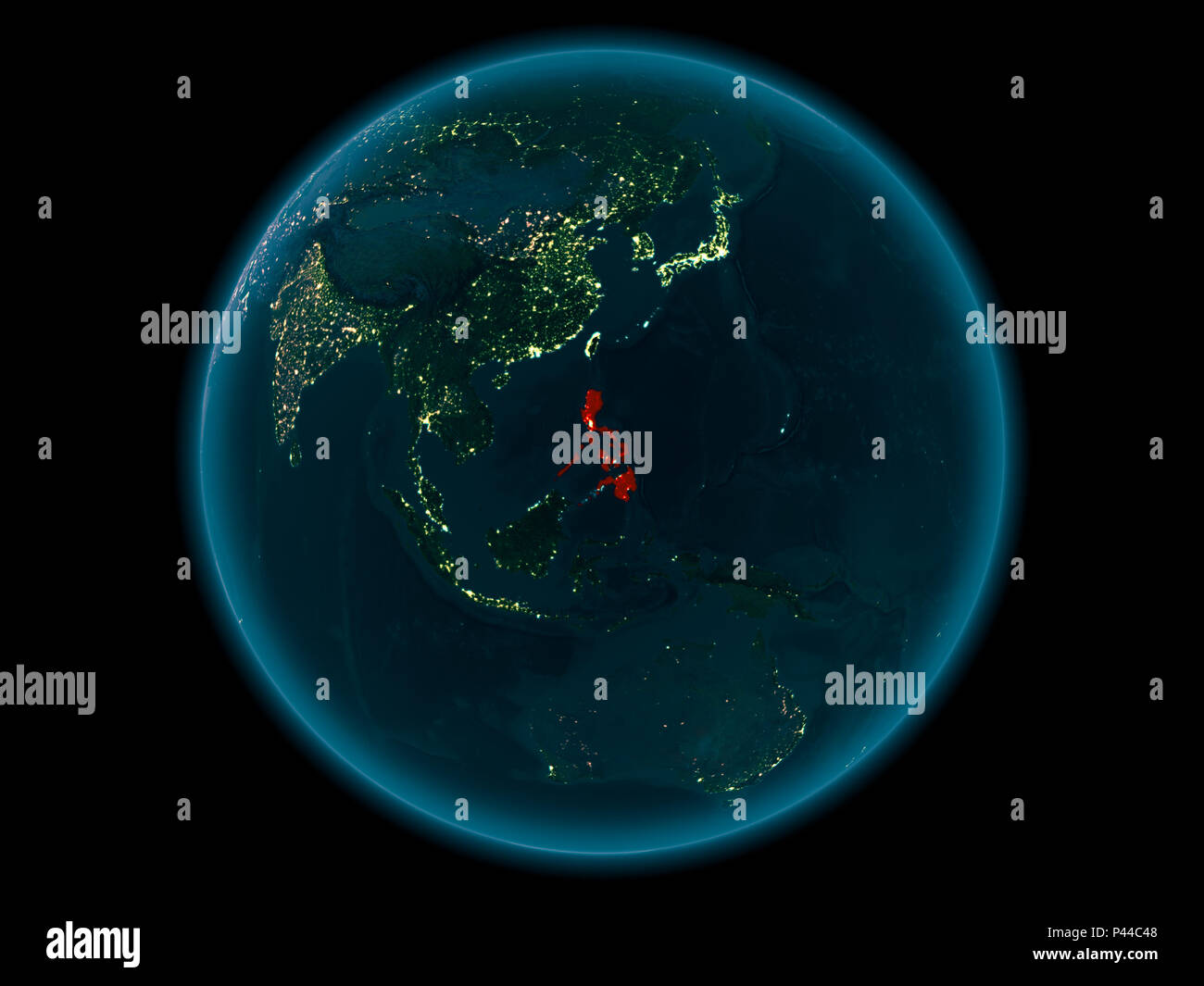Night above Philippines highlighted in red on model of planet Earth in ...