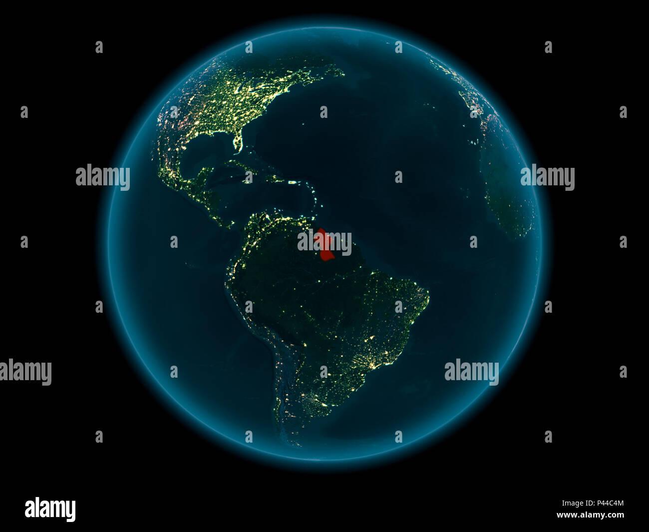Night above Guyana highlighted in red on model of planet Earth in space ...