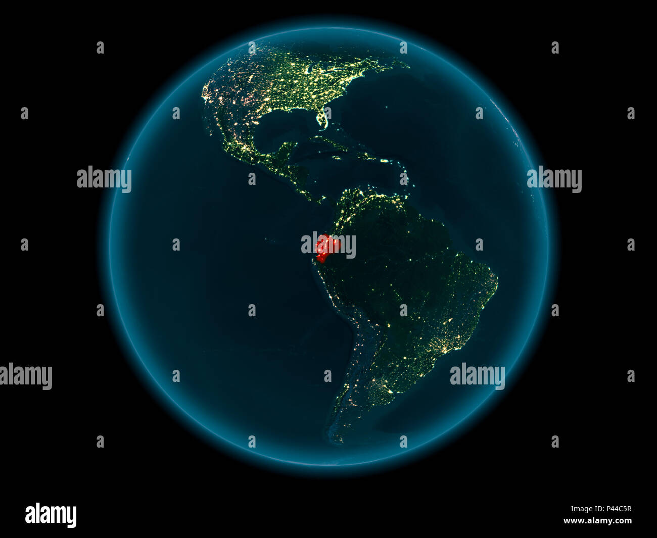 Night above Ecuador highlighted in red on model of planet Earth in ...