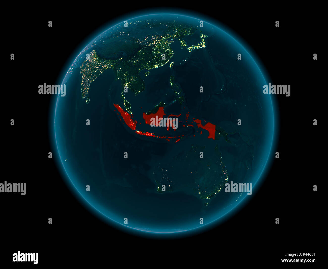 Night above Indonesia highlighted in red on model of planet Earth in ...