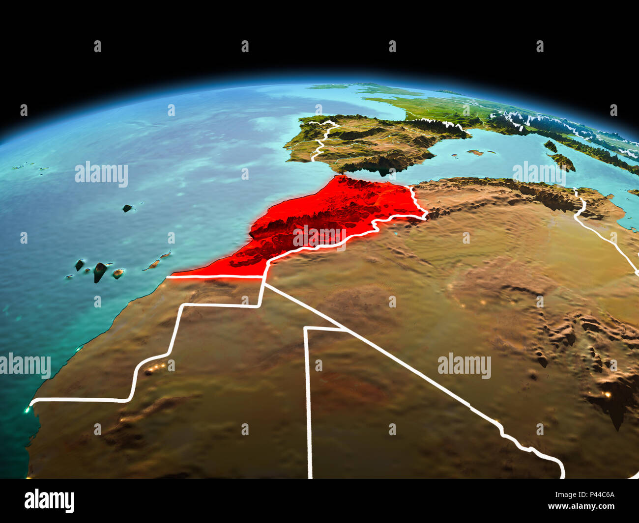 Morning above Morocco highlighted in red on model of planet Earth in ...